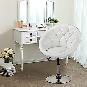 Yaheetech Vanity Chair Makeup Chair Swivel Accent Chair Height Adjustable Round Back Tilt Chair with Chrome Frame for Makeup Room, Living Room, White