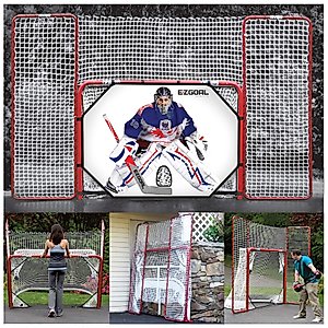 EZGoal 4' x 6' Hockey Folding Steel 2" Goal with 10' x 6' Backstop, 4 Targets Nets, a New Shooter Tutor and Wheels to Help Move The Goal, Red, (67099)