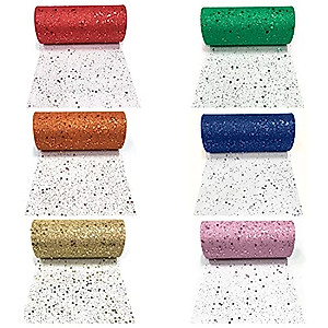 Glitter Tulle Fabric 6 Rolls 6 Inch by 60 Yards Total Sparkle Sequin Mesh Netting Fabric Ribbon Spool for Wedding Birthday Party Baby Shower Decorations DIY Tutus Petticoat Tulle Skirt Table Skirt