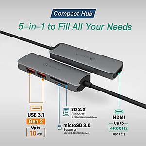 ADAM elements USB-C Gen2 Hub/Laptop Docking Station – CASA Hub A05 5in1 Multiport Adapter for Mac & PC Series - USB-A 3.1 Gen2 x2, HDMI, SD & microSD Card Reader