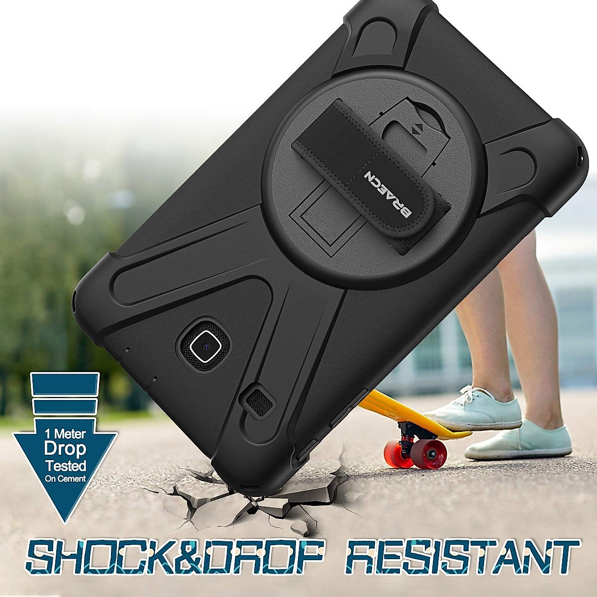 BRAECNstock Samsung Galaxy Tab E 8.0 Case (SM-T375/T377/T378),Shockproof Durable Protective Cover with 360° Kickstand&Hand Strap,Shoulder Strap,Kids Tablet Case for Galaxy SM-T377A/T377V/T378V,Black