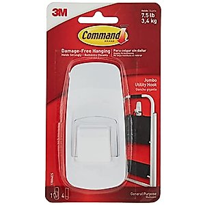 Command Jumbo Utility Hooks, Damage Free Hanging Wall Hooks with Adhesive Strips, No Tools Wall Hooks for Hanging Decorations in Living Spaces, 1 White Hook and 4 Command Strips