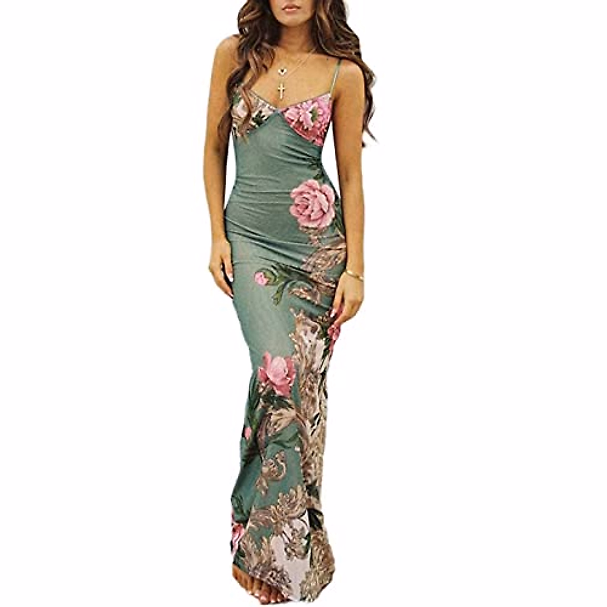 ABINGOO Women Vintage Spaghetti Strap Maxi Dress Sexy Low Cut Backless Floral Satin Slip Long Dress Y2k Cami Bodycon Dresses 8-Green Floral L