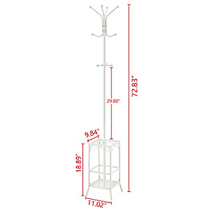 Hoctieon Coat Rack Freestanding, Entryway Coat Hanger Stand, Umbrella Holder, Hall Tree With 12 Hooks, Floor Standing Metal Tree Stand, White