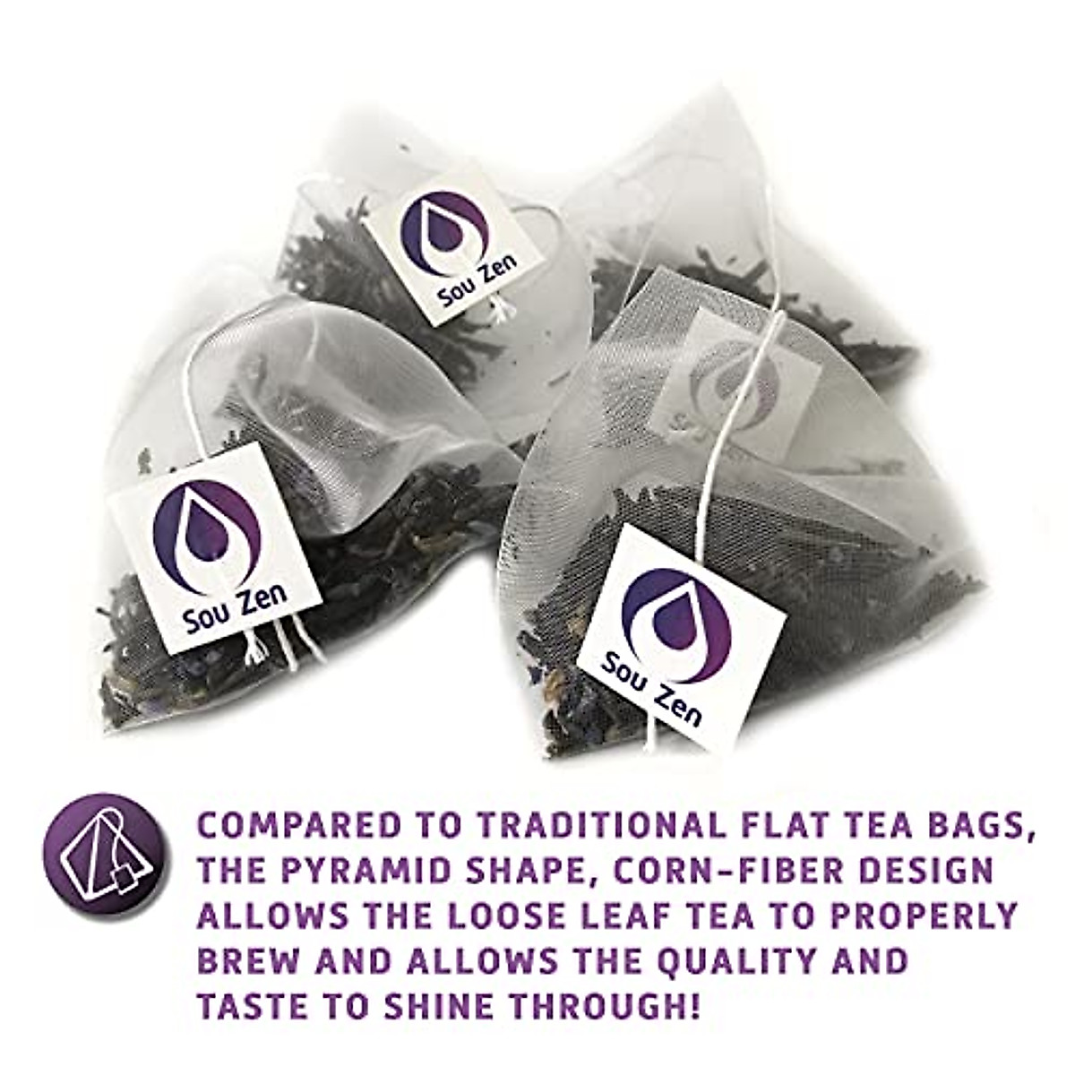 Sou Zen Earl Grey Lavender Tea 30 Corn-fiber Pyramid Tea Bags | Premium Quality Tea Leaves and Flowers | Raw and Naturally Organic Ingredients | Energizing and Revitalizing Tea with No Additives