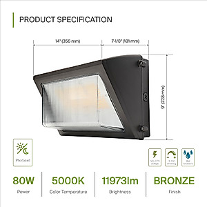 ASD 80W LED Wall Pack Light with Dusk to Dawn Photocell, 5000K 11973LM 120-277V, Dimmable Commercial LED Wallpack Security Lights, Outdoor Wall Light for Building, Parking Lot, UL DLC Premium, Bronze