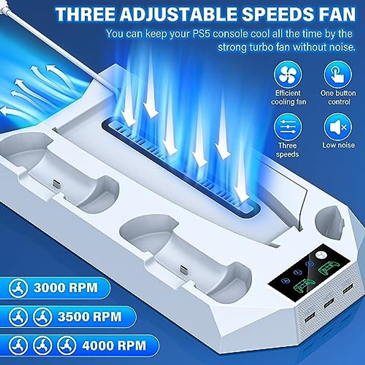 DBEPANK Stand and Cooling Station with Dual Controller Charging Station for PS5 Vertical Stand with Headset Holder for PS5 Accessories for Playstation 5 Console Cooling Fan Stand White