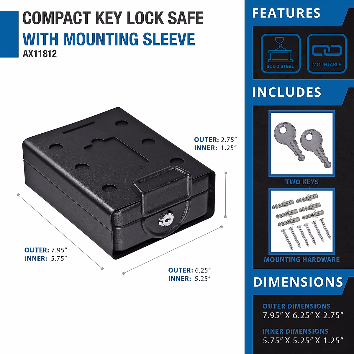 BARSKA AX11812 Compact Key Lock Box with Mounting Sleeve, Black