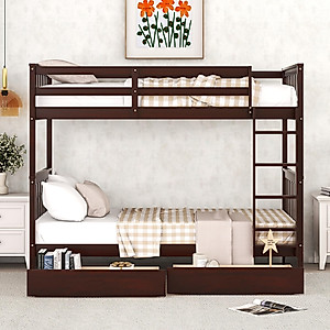 Merax Wood Bunk Bed with Drawers,Convertible Wood Bunk Bed with Ladders and Two Storage Drawers,Solid Wood Detachable Bunk Bed Frame with Ladders,Twin Over Twin Size,Espresso
