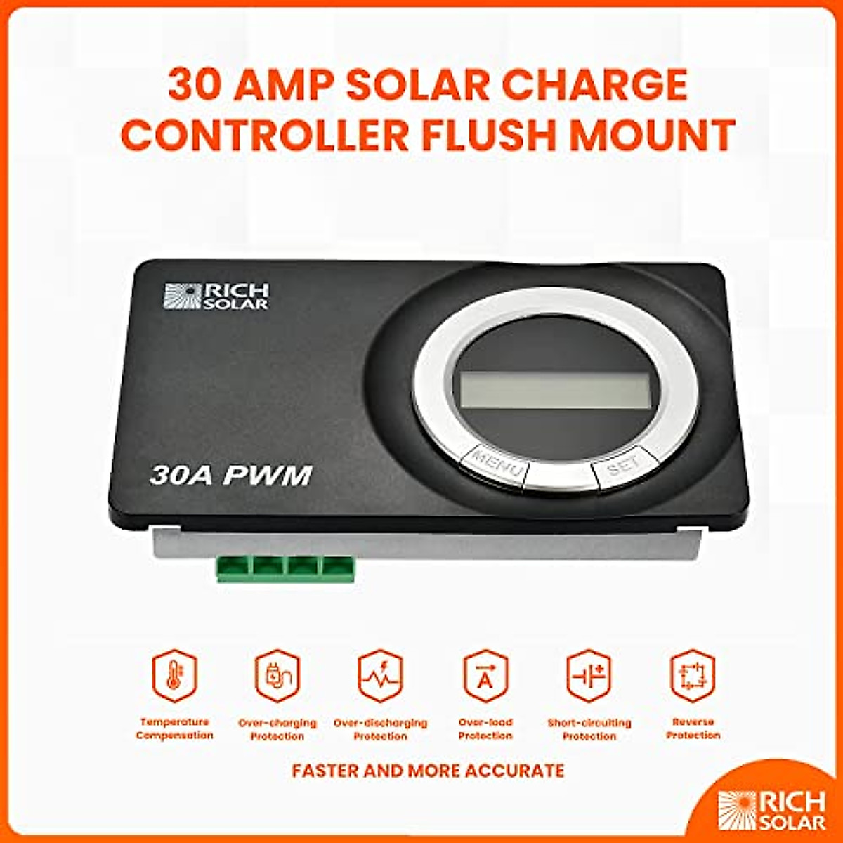 RICH SOLAR 30A 12V/24V PWM Flush Mount Solar Charge Controller w/LCD Display
