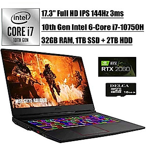 MSI GE75 Raider 2020 Premium Gaming Laptop I 17.3" FHD IPS 144Hz I 10th Gen Intel Hexa-Core i7-10750H I 32GB DDR4 1TB SSD + 2TB HDD I 6GB RTX 2060 RGB Backlit KB Win 10 + Delca 16GB Micro SD Card