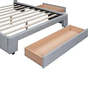 HAUSHECK Queen Upholstered Size with 3 Storage Drawer and Classic Wingback Headboard, Modern Platform Frame w/Wooden Slats Support Mattress Foundation, Bed No Box Spring Needed, Gray