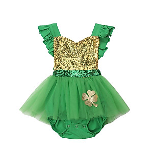 Newborn Baby Girls 1st ST Patrick's Day Green Sequin Romper Dress Ruffled Halter Bodysuit Tutu Dress 0-24M (6-12M, Green)