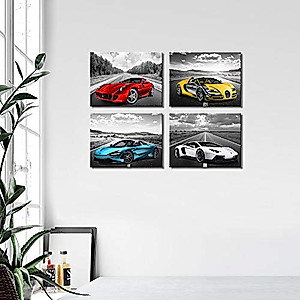 Car Poster Decor Black and White Wall Art Framed Car Art for Men Boys Bedroom Décor Sports Posters Landscape Office Room Decor Gift for Teen Boys Ready to Hang