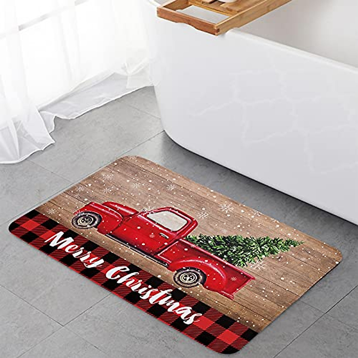 Christmas Bath Rugs Red Truck With Xmas Tree Sponge Doormat Absorbent Non Slip Durable Flannel Mat Red Black Check Plaid Retro Wood Grain Christmas Memory Foam Mats for Bathroom Kitchen 18 x 30 inches