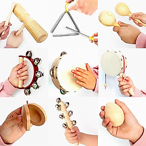 Tuoveek Wooden Musical Instruments Set,Percussion Instrument Kit for Kids Baby,Rhythm Device for Preschool Education,Family Band Include Maracas,Tambourine,Castanet,Steel Triangle,Cloth Basket