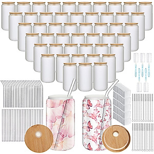 Tessco 50 Pack 16oz Sublimation Glass Blanks Frosted with Bamboo Lid Sublimation Beer Can Shaped Glass Wide Glass Cups Mugs Drinking Frosted Glass Tumbler with Straw, Sponge Brush, Straw Brush