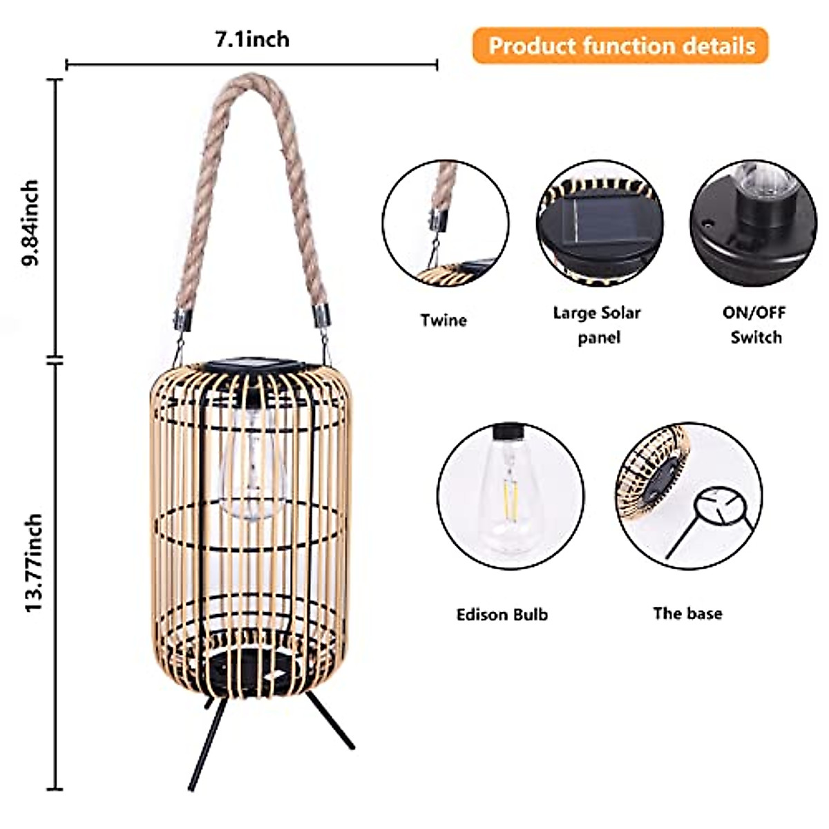 Livinlarge Solar Lantern Outdoor Waterproof, Large Solar Rattan Lantern Outdoor Hanging with Handle, Bright Solar Outdoor Lights with Edison Bulb for Garden Patio Yard Tabletop Decoration