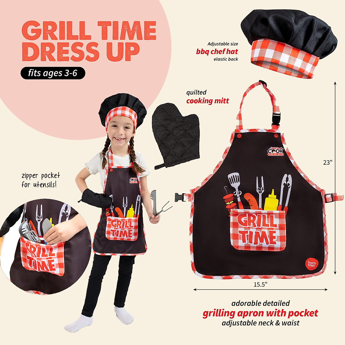 Born Toys Kids Grill Playset - Interactive Kids BBQ Grill Playset w/Pretend Smoke, Sound & Light- Dress Up & Pretend Play Kitchen Toy Grill for Kids Ages 3 & Up w/Kids Apron Hat & Cooking Mitt 20pcs
