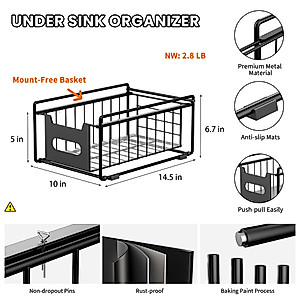 Under Sink Organizers and Storage - Under Cabinet Organizer for Bathroom, Kitchen, Living Room, 1 Tier Metal Shelf Basket Holds up to 50lbs for Bathroom,Black