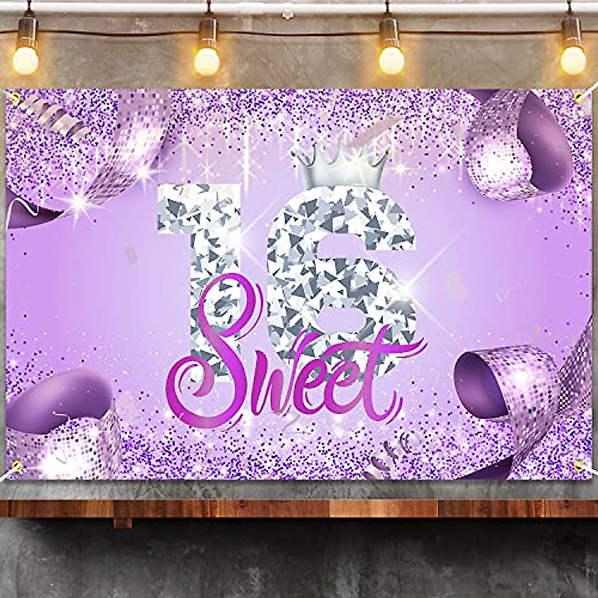 Happy 16th Birthday Banner Backdrop Sweet 16 Years Old Queen Purple Background Bday Decorations for Girls Women Photography Party Supplies Glitter
