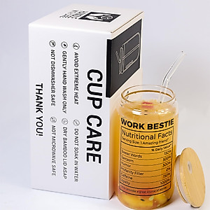 Work Bestie Nutritional Facts Glass Can with Lids And Straw- Work Bestie Definition Friendship, Funny Gift for Friend, Colleagues, Thank You Gift For Coworkers, Birthday Christmas Gifts, Iced Cup 16oz