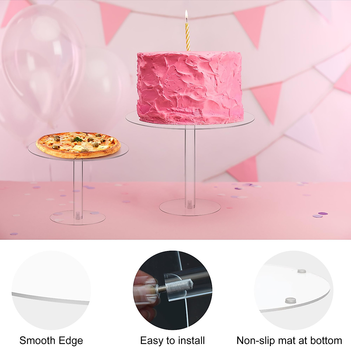 Acrylic Cake Stand, 3PCS Round Cake Stands for Dessert Table, Clear Cupcake Holder for Birthday Party, Pastry Candy Pizza Display Riser for Wedding Event