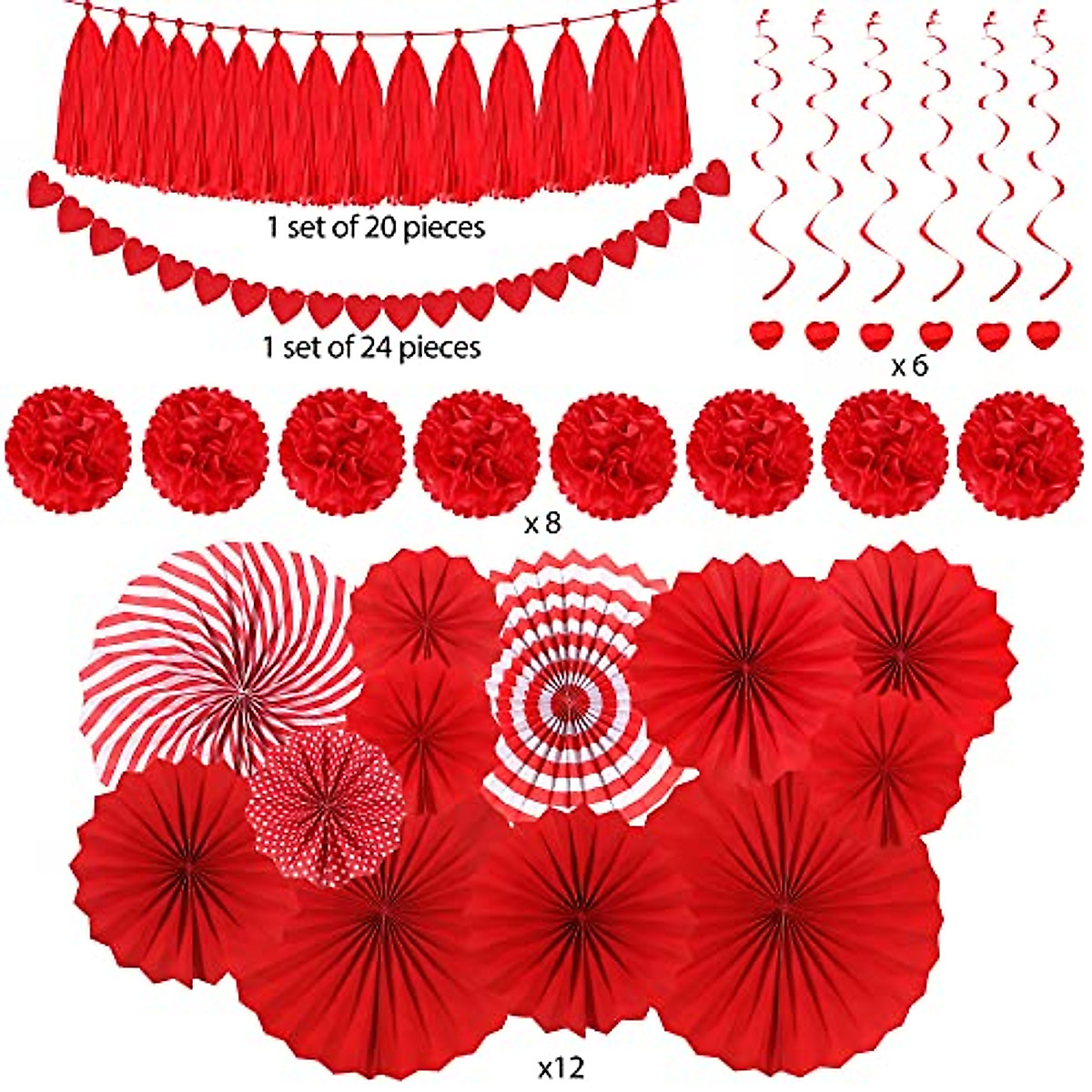 70pcs Valentines Day Red Hanging Paper Fans Decorations - Wedding Bachelorette Party Barbecue Birthday Party Holidays Picnic Circus Carnival New Years Valentines Day Party Photo Booth Backdrops Decorations