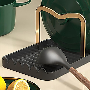 Spoon Rest For Kitchen Counter, Spoon Holder With Drip Pad For Multiple Utensils, Heat-Resistant Pot Lid Holder(white&gold)