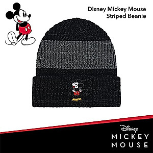 Disney Mickey Mouse Cuffed Beanie Hat, Knitted Stocking Cap, Black/Grey