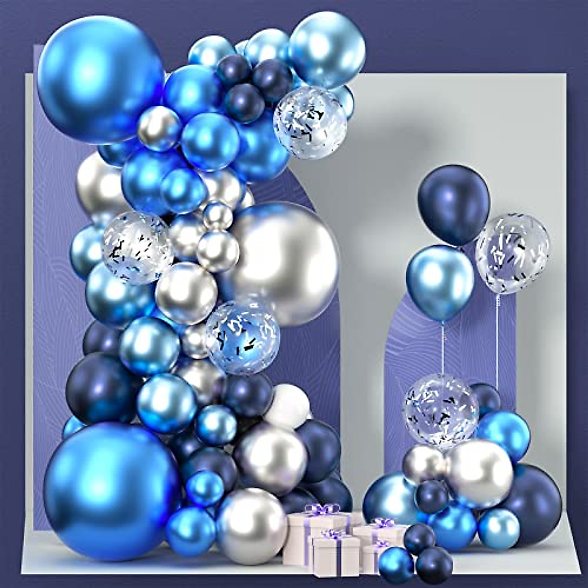 PartyWoo Blue and Silver Balloon Garland Kit 100 pcs and 6 pcs Disco Silver Foil Balloons
