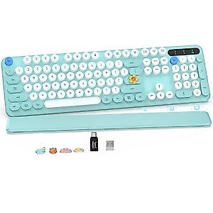 Wireless Keyboard, Round Keycaps, Retro Typewriter Keyboard with Detachable Wrist Rest, Sleep Mode, Foldable Legs, 2.4GHz Full-size Cordless Computer Keyboard for Windows/PC/Laptop (Colorful-Blue)