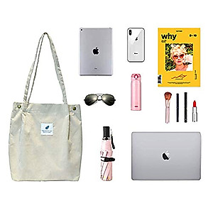 MODANA Corduroy Tote Shopping Bag with Interior Pocket, Reusable Washable and Ecofriendly, Perfect Totes for Shopping Travelling School and So on (Beige)