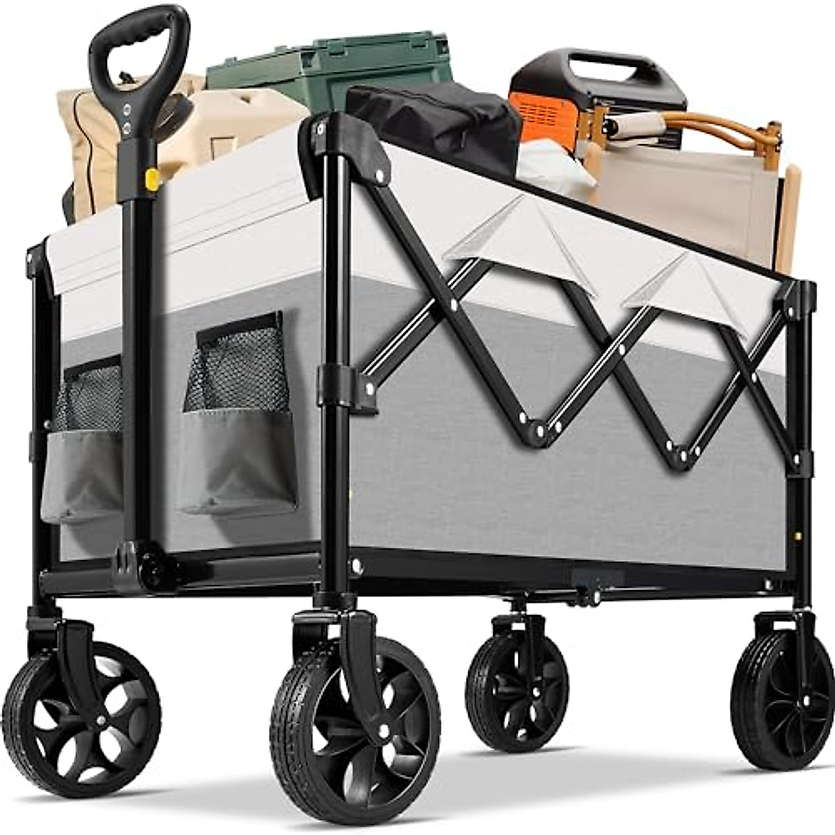Collapsible Folding Wagon,Large Utility Wagon Cart Foldable,Folding Wagon Cart with All Terrain Wheels,Heavy Duty Garden Cart,Portable Wagon for Shopping Grocery Camping Sports Fishing (Gray/White)