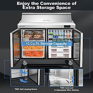 48’’ W Commercial Refrigerator 2 Door, Refrigerated Sandwich Salad Prep Table with 12 Pans Cutting Board, Mega Top/Stainless Steel/13 Cu.FT. Capacity/ETL NSF Approved