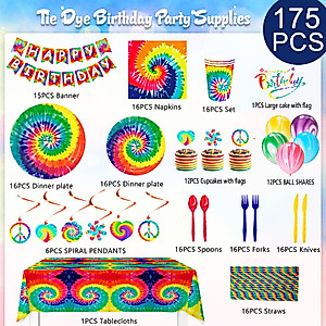 Tie Dye Birthday Party Supplies,175pcs Tie-Dye Party Tableware Set-Tie Dye Party Plates Cups Napkins Tablecloth Banner Balloon Hanging Swirl Cake Topper etc Tie Dye Birthday Decorations for Girls/Boys