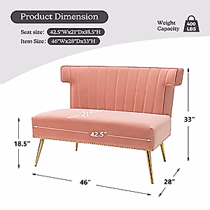 HULALA HOME Mid-Century Velvet Upholstered Loveseat Sofa Armless, Modern Loveseat Couch with Golden Metal Legs, Living Room Tufted Velvet 2 Seater Sofa Chairs for Apartment Small Spaces（Pink）
