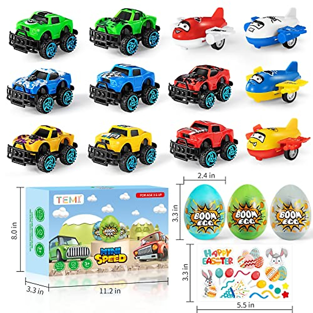 Toddler Chicken Easter Eggs Toys,Cars Advent Calendar for Kids, Animal Stocking Stuffer Toy Cars with Animals Vehicles Set , Play Race Cars and Trucks Perfect for Toddler, Boys and Girls (Cartoon airplane car)