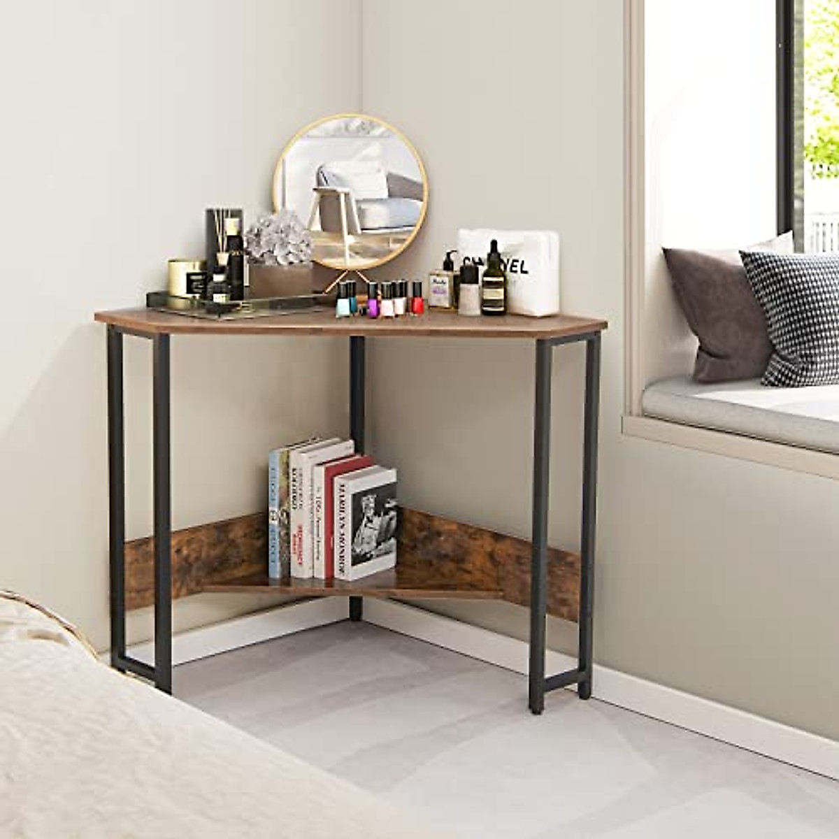 Tangkula Corner Desk with Power Outlet & USB Ports, Triangle Computer Desk with Charging Station, Storage Shelf, Space Saving Writing Desk, Vanity Table, Corner Desk for Small Space (Rustic Brown)