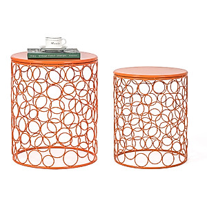 Adeco Home Garden Accents Circle Wired Round Iron Metal Nesting Stool Side End Table Plant Stand, Bubble Pattern, Orange Red, Set of Two