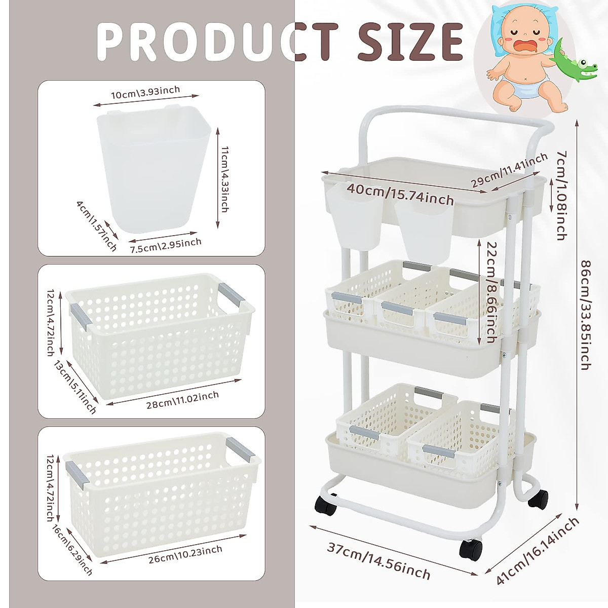 Tanlade Baby Diaper Cart Organizer 3 Tier Diaper Caddy Organizer with Wheels Baby Diaper Storage Organizer Nursery Cart Diaper Caddy with Baskets Hanging Cups Sticker for Crib Changing Table, White
