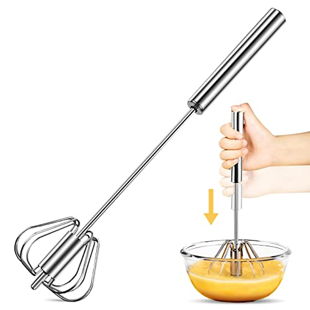 ANYI Whisk 12Inch Stainless Steel Long Handle Egg Beater Hand Push Wisking Tool for Home Whisks for Cooking, Blending, Beating & Stirring (Silver)