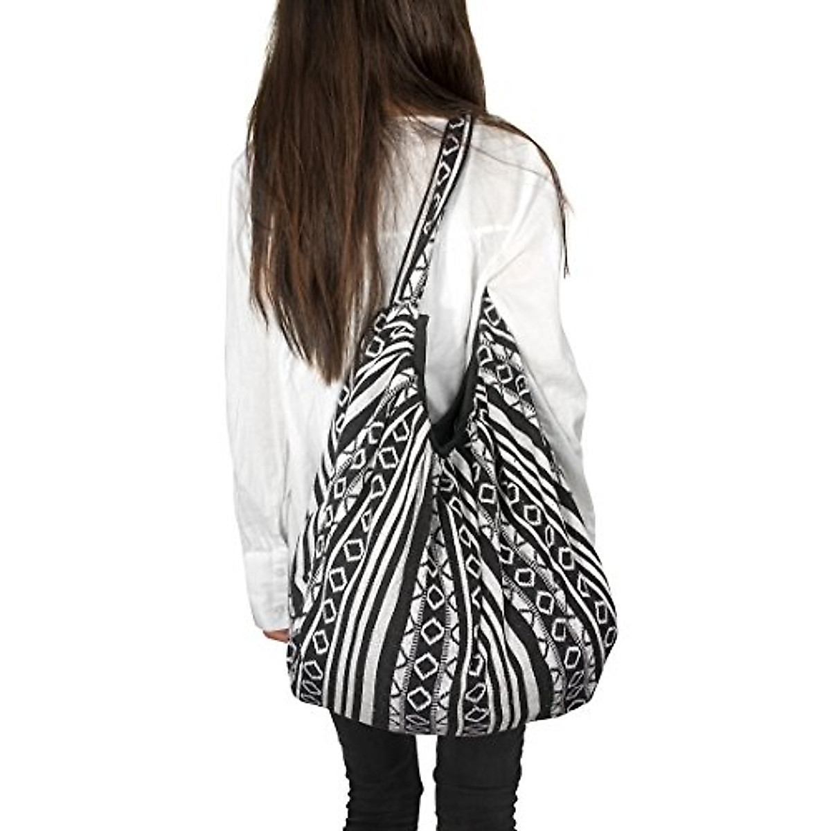Tribe Azure Jacquard Cotton Shoulder Banana Style Fashion Travel Canvas Tote Bag Hobo Style Casual Market Purse Handbag (Black White)