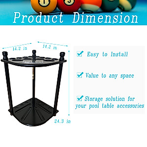 GACCO BILLIARDS Floor Standing Pool Cue Rack Hold 8 Cue Sticks & Pool Table Accessories, Wooden Pool Stick Holder, Corner Pool Cue Holder with Ball Rack Hook & Scorers (Black-Scorer)