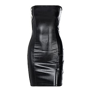 GOOHO Women Sexy Club Party Strapless Bodycon Pu Leather Black Ruched Latex Dress (SPUD-Medium)
