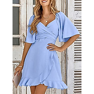 Dokotoo Women's Wrap V Neck Short Flared Sleeve Smocked Elastic Waist Tiered Belted Ruffle Hem Party Short Dress Sky Blue S