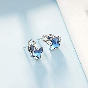 AOBOCO Sterling Silver Infinity Butterfly Earrings, Crystal from Austria, Hypoallergenic Stud Earrings, Anniversary Birthday Butterfly Jewelry Gifts for Women(Blue)