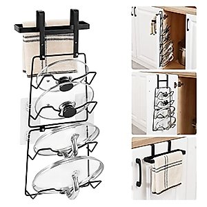 KES Pot Lid Organizer with Towel Rack for Cabinet Door, Lid Rack Holder for Pot Lids Storage Kitchen No Drill Metal Matte Black, KUR524-BK