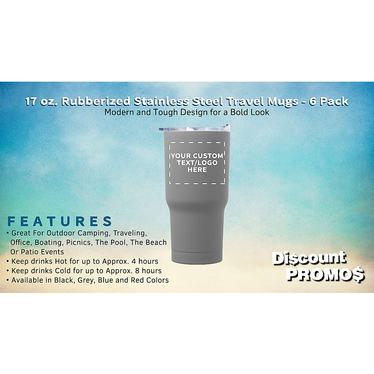 Personalized 17 oz. Rubberized Stainless Steel Travel Mugs - 6 Pack - Custom Text, Logo - Grey