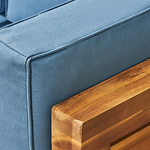 GDFStudio Outdoor Sectional Loveseat Set - 2-Seater - Acacia Wood - Outdoor Cushions - Teak and Blue